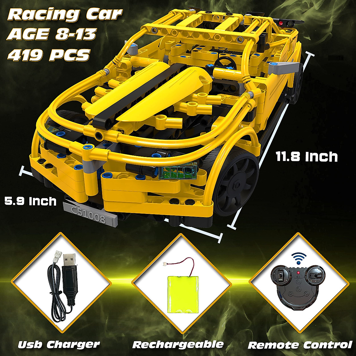 TOTI ROYAL Stem Building Toys for Boys Age 8-12 - 419PCS Remote Control Car Building Kit for Kids & Adult - Model Car Kits to Build for Kids 8-12 Great Remote Control Toy Gift for Your Kids (Yellow)