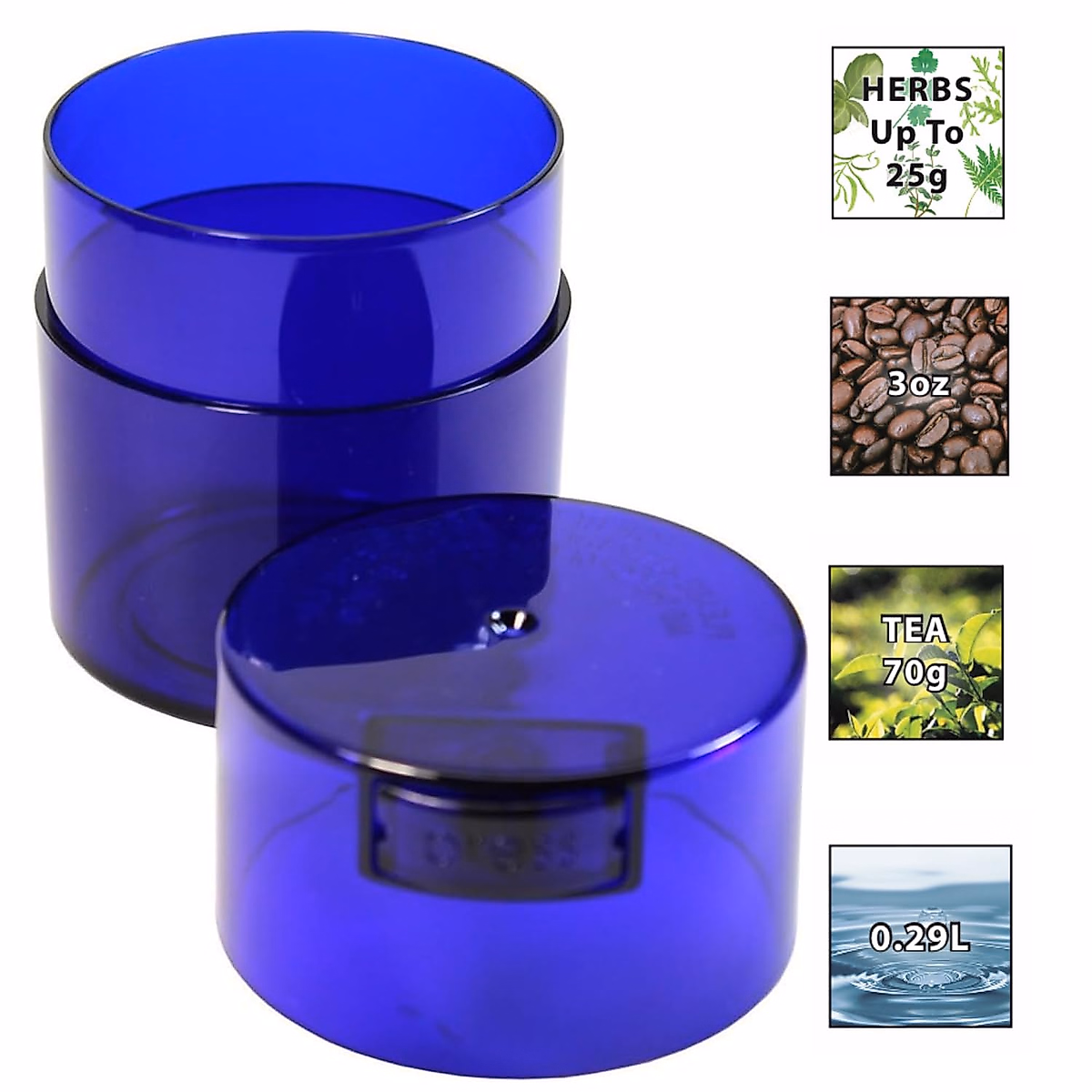 Tightvac - 1/2 oz to 3 ounce Airtight Multi-Use Vacuum Seal Portable Storage Container for Dry Goods, Food, and Herbs - Blue Tint