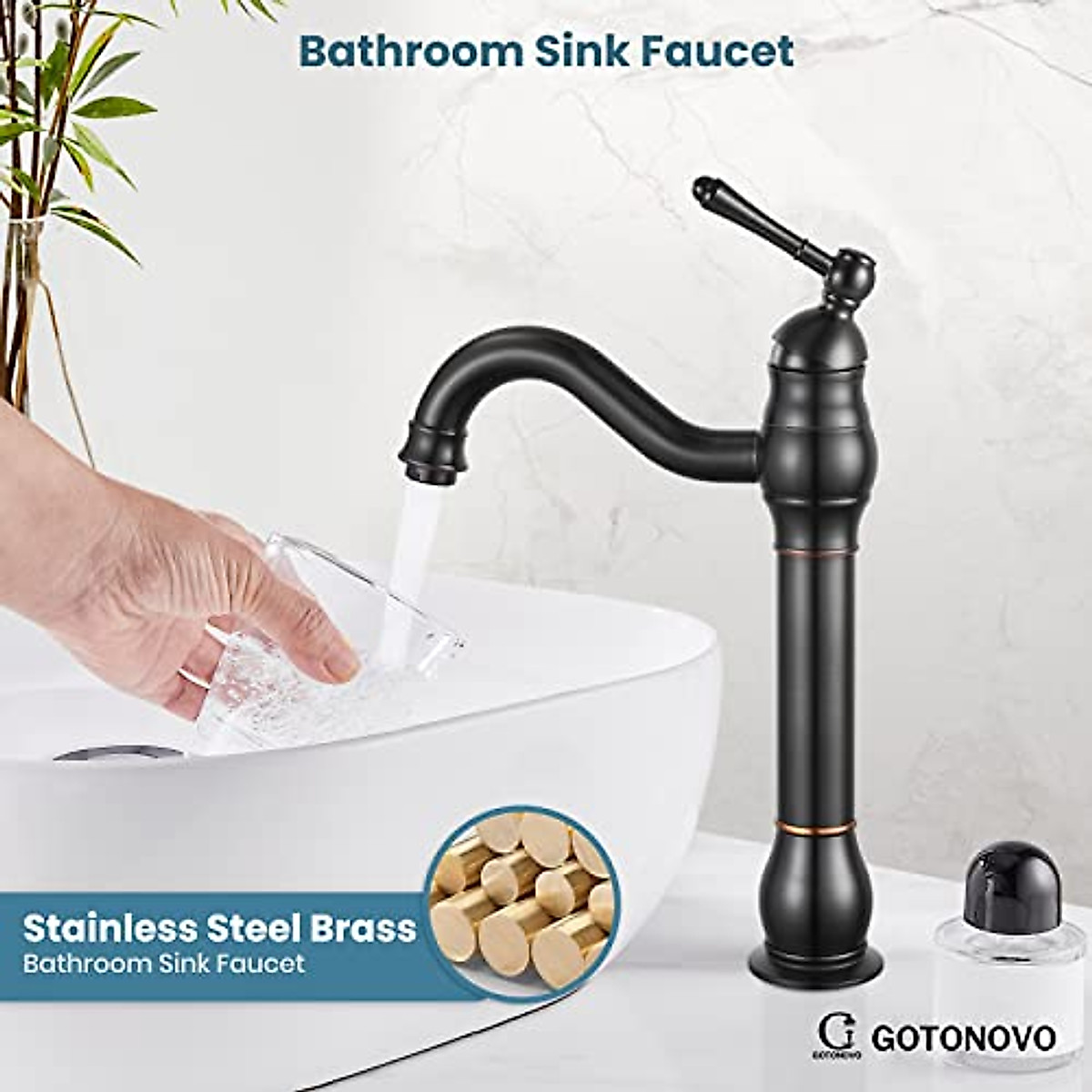 gotonovo Bathroom Vessel Sink Faucet Oil Rubbed Bronze with POP UP Drain Single Lever Handle 1 Hole Bowl Sink Mixer Tap Deck Mount Tall Spout Lavatory Vanity
