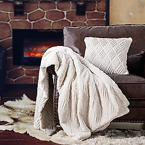 BATTILO HOME White Cream Faux Fur Throw Blanket for Couch, Soft Couch Blanket Cozy Fur Blanket Throw 50"x60", with 1 Fur Pillow Cover 18"x18",Ivory