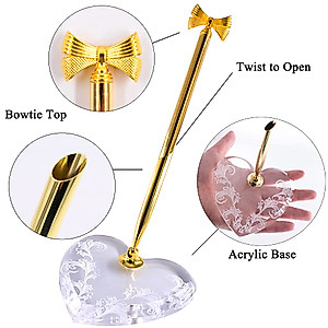 HingoFuni Gold Bow Signing Pen and Acrylic Heart Holder for Wedding Bridal Guest Sign in Anniversary Engagement Ceremony Birthday Party Graduation Office Guest Book Ballpoint Pen Reception