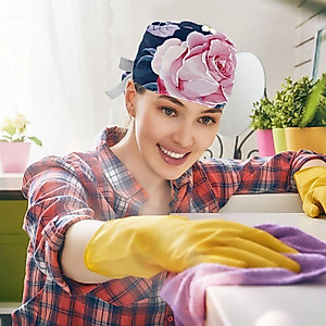 Mersov Pink Rose Flowers Working Cap with Button & Sweatband, 2 Packs Reusable Surgical Surgery Hats Ponytail Holder, Multi Color, Medium-3X-Large