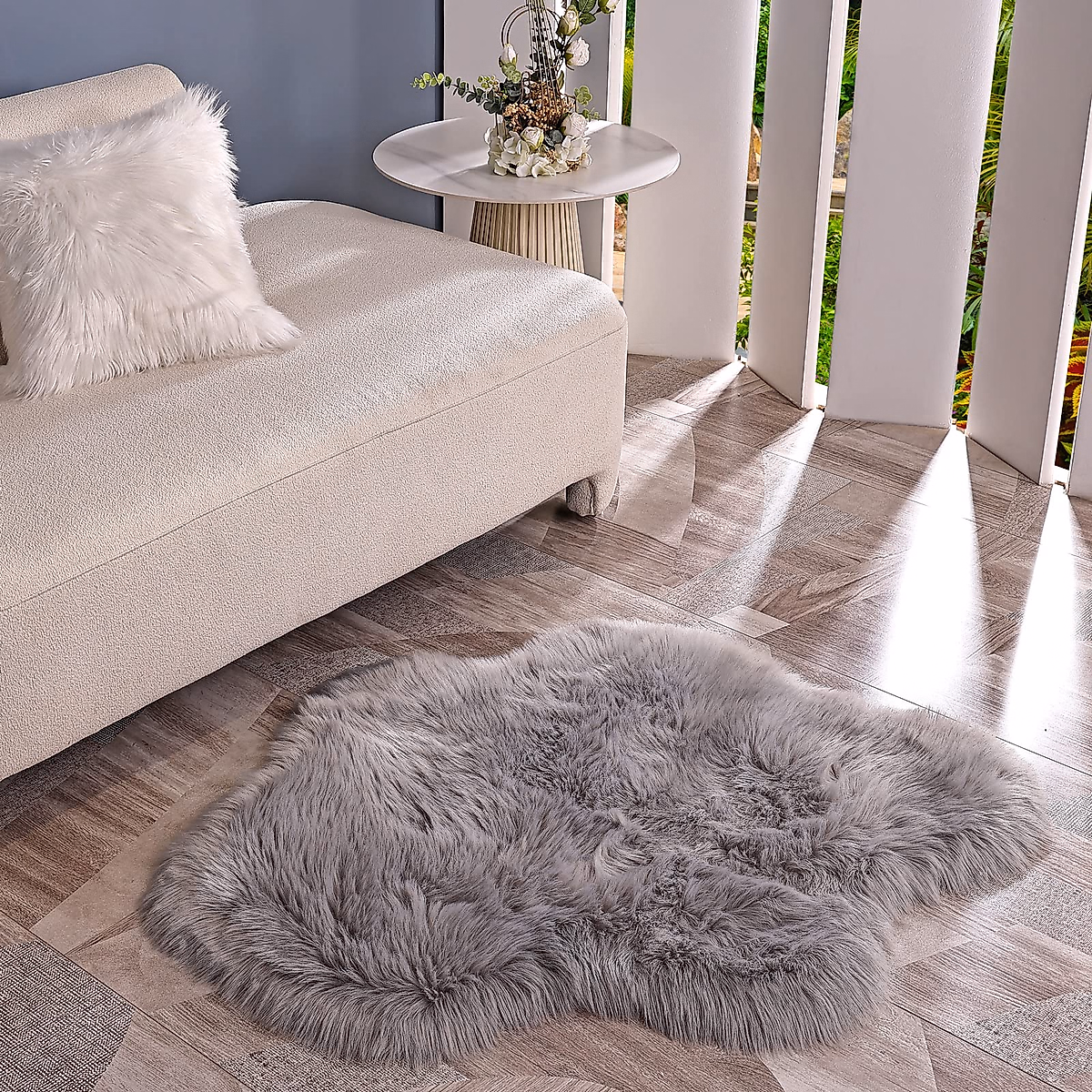 HLZHOU Soft Faux Sheepskin Fur Rug Fluffy Fur Chair Cover Seat Pad Non-Slip Area Rug for Bedroom Living Room Floor Kids Room (Gray, 2x2.6 Feet)