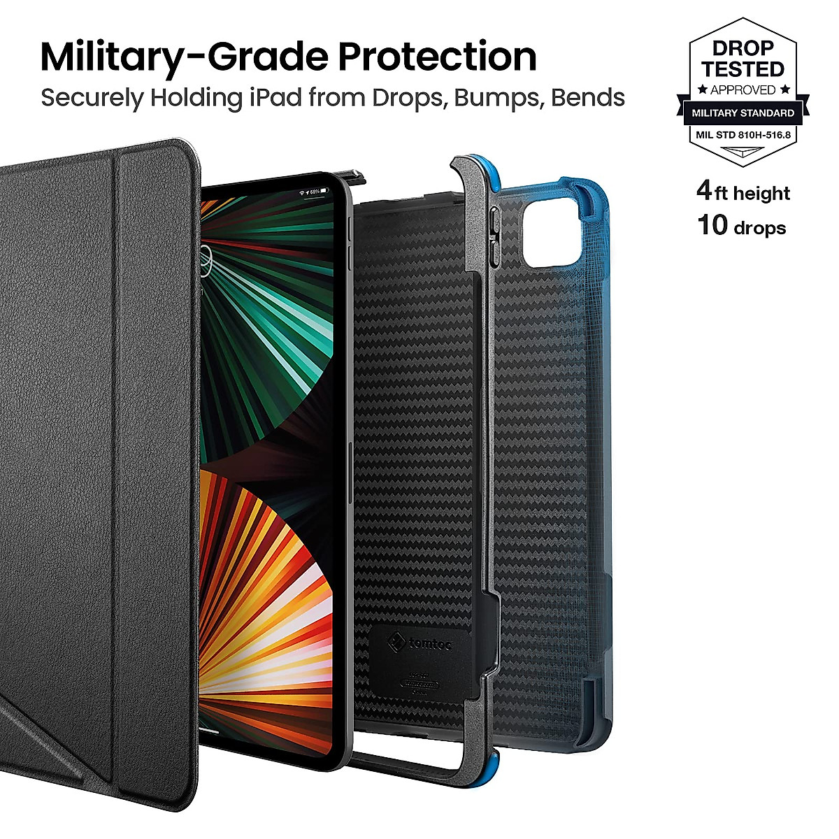 tomtoc Vertical Case for iPad Pro M2&M1 12.9-inch 6th/5th Gen 2021-2022, Slim Protective Anti-Bend Cover with Magnetic Stand for 3 Use Modes, Support Wireless iPad Pencil Charging, Black