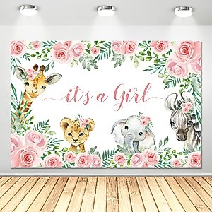 HIPVVILD Safari Baby Shower Backdrop Decorations, Jungle Animal Theme Baby Shower Party Supplies for Girl, It’s a Girl Backdrop, Safari Jungle Animal Theme Party Background Photo Booth Banner | 5x3ft