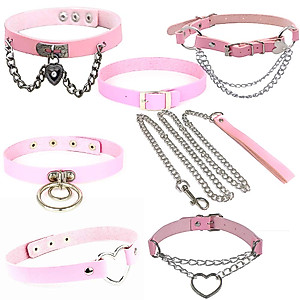 Gothic 7 Pcs Heart Round Circle Chain Detachable Pendant Leather Adjustable Choker Collar Cosplay Punk Necklace Set Halloween Costume Jewelry for Women Teens-pink