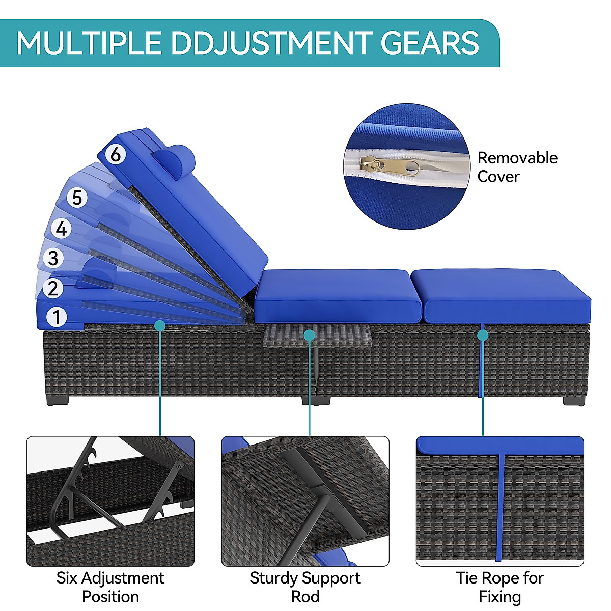 GAOMON Outdoor PE Wicker Chaise Lounge Chairs Set of 2 Patio Brown Rattan Reclining Chair Adjustable Backrest Pool Sunbathing Recliners with Cushion Cover, Navy