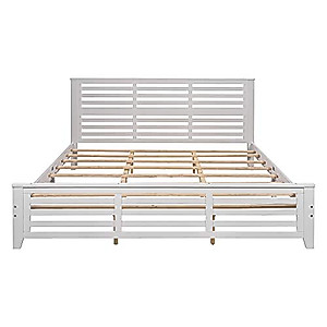 LCH King Platform Bed Frame with Headboard and Footboard, Solid Wood Bed Frame for Adults/Wood Slat Support/No Box Spring, Modern Bed Frame with Horizontal Strip Hollow Shape, King Size, White