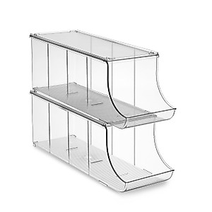 Set of 2 Stackable Refrigerator Organizer Bins Pop Soda Can Dispenser Beverage Holder for Fridge, Freezer, Kitchen, Countertops, Cabinets - Clear Plastic Canned Food Pantry Storage Rack Holds 12 Cans
