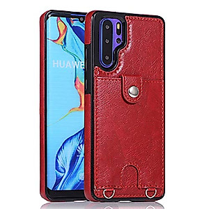 Jaorty PU Leather Wallet Case for Huawei P30 Pro Necklace Lanyard Case Cover with Card Holder Adjustable Detachable Anti-Lost Neck Strap Case for Huawei P30 Pro,Red