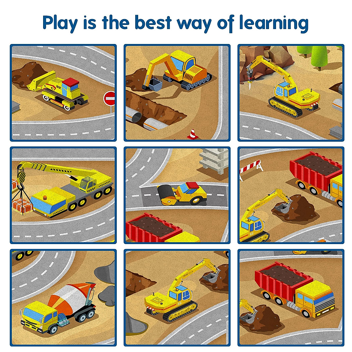 Kids Construction Site Play Rug Non-Slip Construction Vehicles Play Mat for Driving Toy Cars Daycare Nursery Preschool Playroom Kids Car Activity Carpet (Construction Play Rug, 39X59 inches)