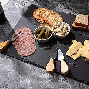 WLWNWFT 1 Pc 16 x 12 inch Slate Cheese Board Large Slate Board Set Slate Stone Board Slate Cheese Tray Serving Tray with 4 Knives Forks, 2 Ceramic Bowls and Chalk Christmas