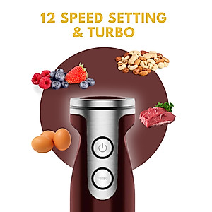Megawise 3-in-1 Hand Blender – 12-Speed, Includes Powerful Blender Stick, Whisk, and Milk Frother – Easy to Clean and Perfect for Smoothies, and More (Red)