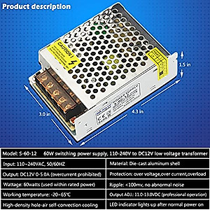 NiuGuy Switching Converter,110V/240V AC to DC 12V 5amp 60W Power Supply, Universal Regulated Transformer Adapter Driver for LED Strip Lights, CCTV, Radio, Security System, Computer Project