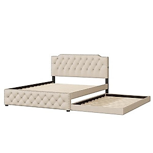 Prohon Queen Size Bed Frame w/Twin Size Trundle and Two Sets USB Ports, Upholstered Platform Bed with Button Tufted Trim Headboard, Velvet Linen Wooden Bed Fram No Box Spring Needed, Beige