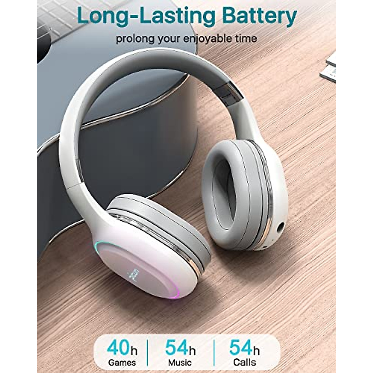 Jassco Wireless Headphones, Noise Cancelling Over-Ear Bluetooth Headphone with Microphone, 54H Playtime, HiFi Stereo, Deep Bass Foldable Wireless Headset with Soft Earmuffs for Travel/Work- White