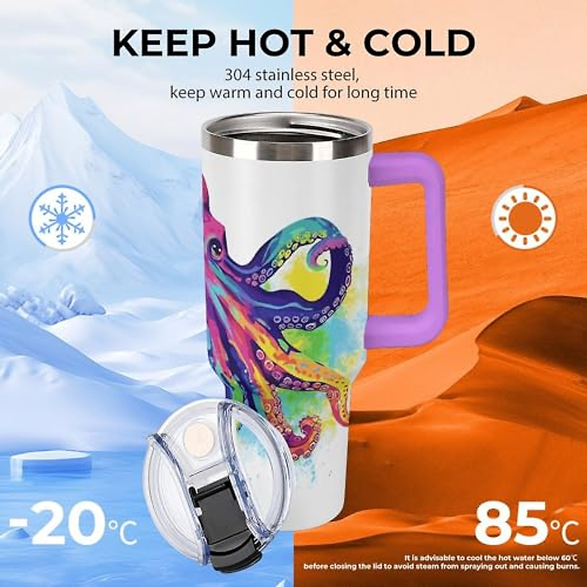LLUTSNTH 40 Oz Vacuum Tumbler with Violet Handle Leakproof Insulated Tumbler Colorful Octopus Stainless Steel Travel Mug with Lid And Straw Coffee Cup Cute Water Bottles Cup Holder Friendly