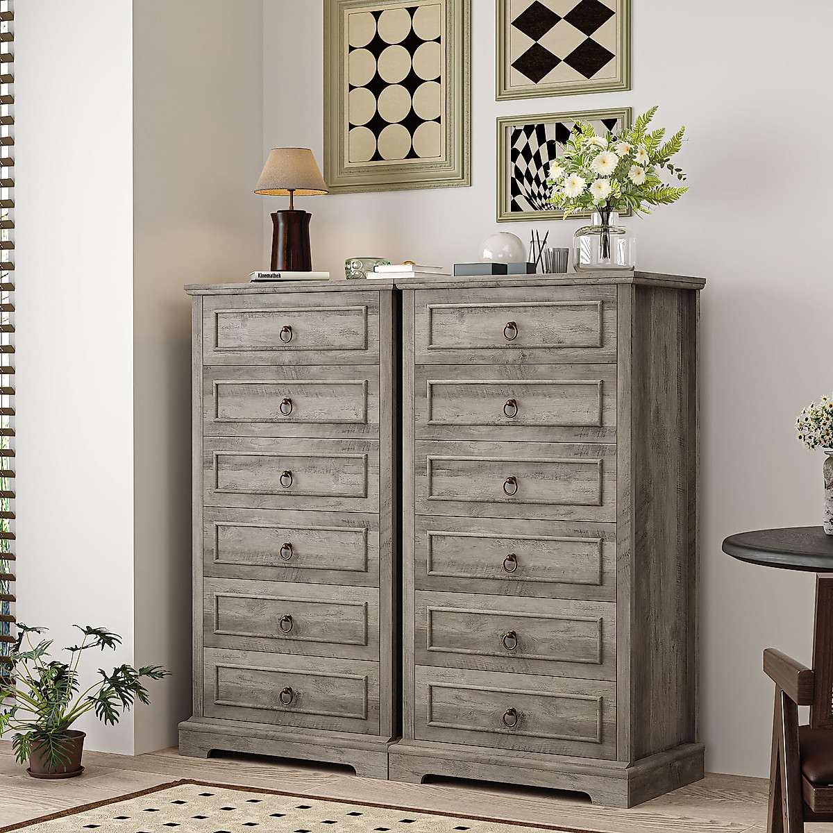 HOSTACK 6 Drawers Dresser, 52" Tall Dresser, Vertical 6 Drawer Dresser, Modern Farmhouse Chest of Drawers, Wood Closet Dresser Storage Dresser Chest for Living Room, Hallway, Entryway, Ash Grey