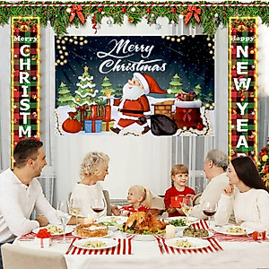 KOKISHIN Christmas Decorations Banner, Merry Christmas Happy New Year Party Decor With string Light for Indoor Outside Front Door Living Room Kitchen Wall Party Sign Decor 72 x 12 Inch