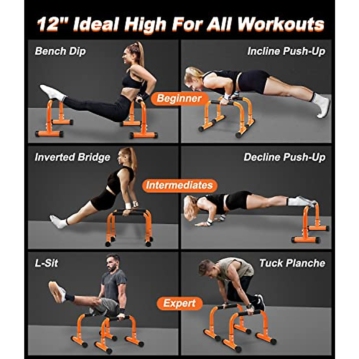 TABEKE Push Up Bar, 12" High Parallettes Bars & Dip Bar With Full-Cover Foam Handles, No Wobbling Calisthenics Equipment For Handstand, L-Sit, Gymnastics, Strength Training Home Gym