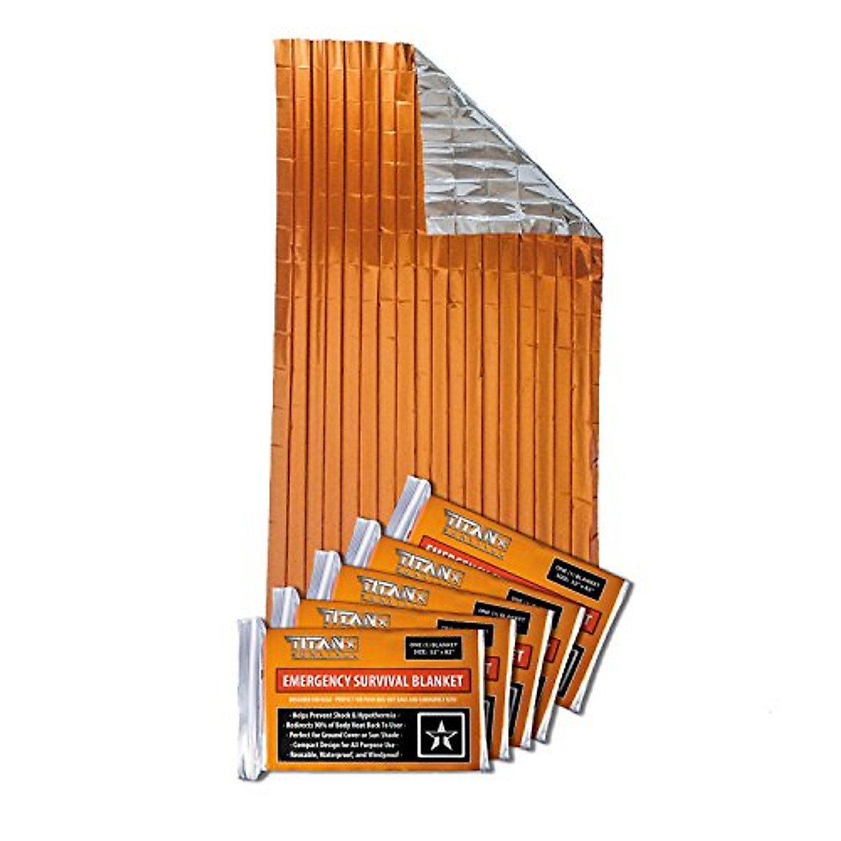 TITAN Survival Mylar Survival Blankets 5 Pack 52” x 82” - 90% Heat Retention & Waterproof Design - Emergency Blanket Cold Weather Protection & Survival Kits - Durable Space Blanket for Outdoor Use