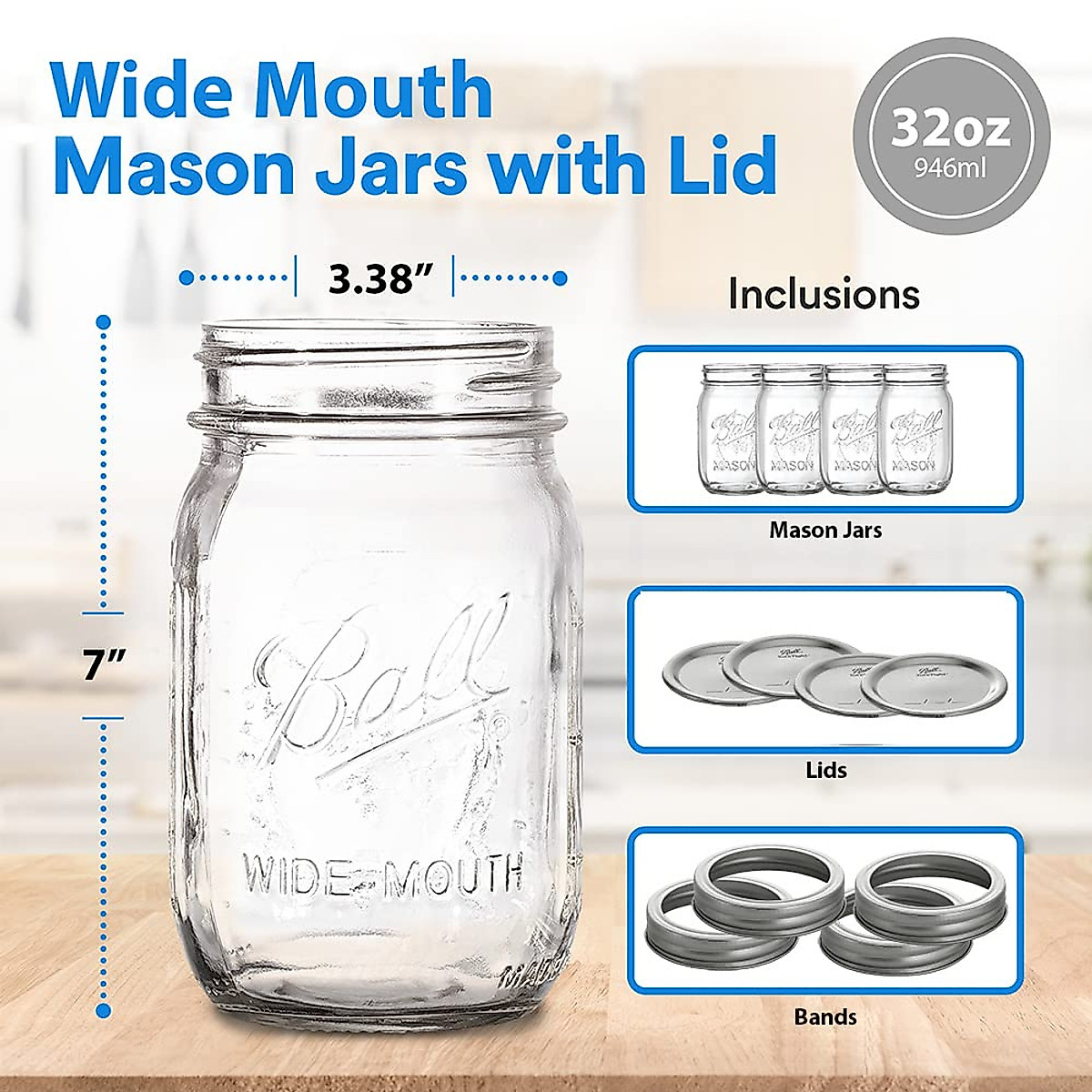Wide Mouth Mason Jars 32 oz. (12 Pack) - Quart Size Jars with Airtight Lids and Bands for Canning, Fermenting, Pickling, or DIY Decors and Projects Bundled with Jar Opener