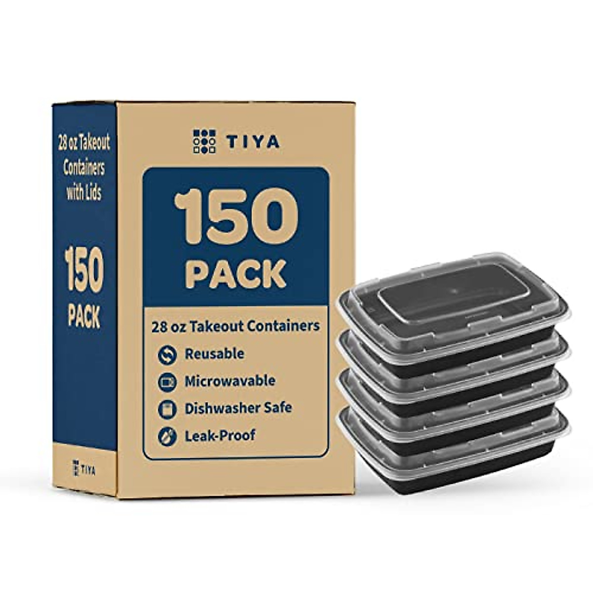 TIYA Takeout Food Containers - 28 oz Bulk 150 Pack with Lids - Rectangular Plastic Food Storage - Reusable Microwavable Dishwasher Safe Restaurant Set - Leak Proof for To-Go & Meal Prep