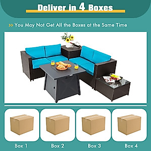 Tangkula 5 Piece Patio Furniture Set with 50,000 BTU Propane Fire Pit Table, Outdoor Wicker Conversation Set w/Cushions, Storage Box and Tempered Glass Coffee Table, 30” Gas Fire Pit Table (Turquoise)