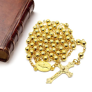 Surakey Catholic Pearl Beads Rosary Necklace Metal Beaded Miraculous Medal & Cross Rosary Copper Necklace Pendent Christians Religious Communion Baptism Mass Bible for Women (Gold)