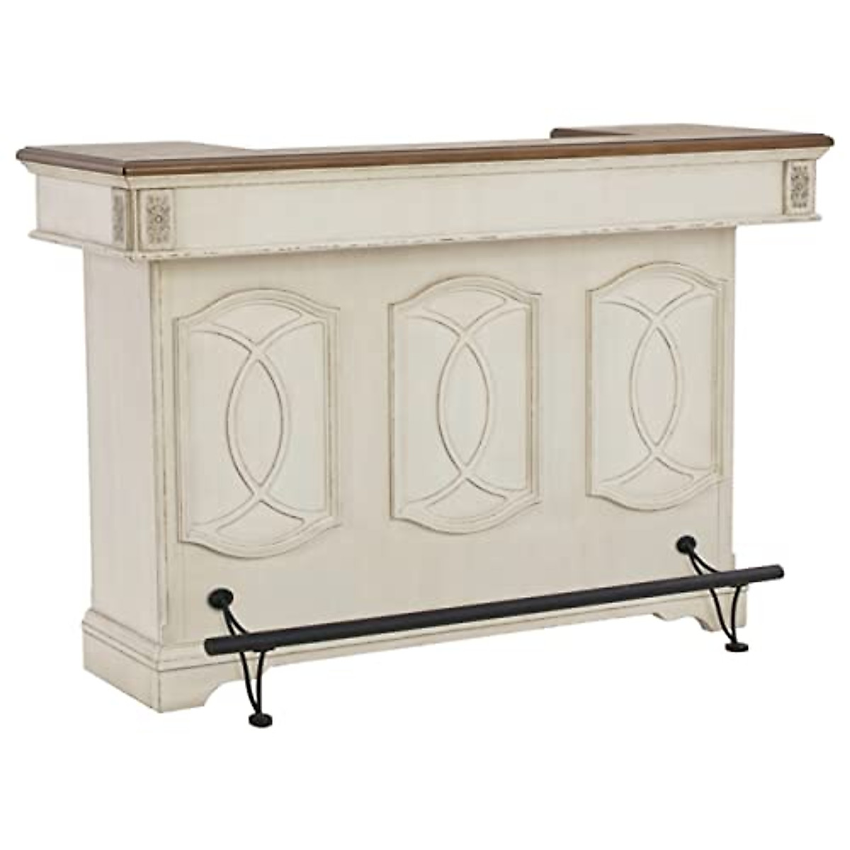 Signature Design by Ashley Realyn French Country Bar with Metal Footrest, White & Beige
