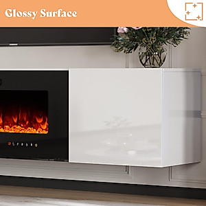 AMERLIFE Floating Fireplace TV Stand, Wall Mounted Mirrored Entertainment Center with 40" Electric Fireplace, Modern LED Lights Media Console for TVs Up to 90", White