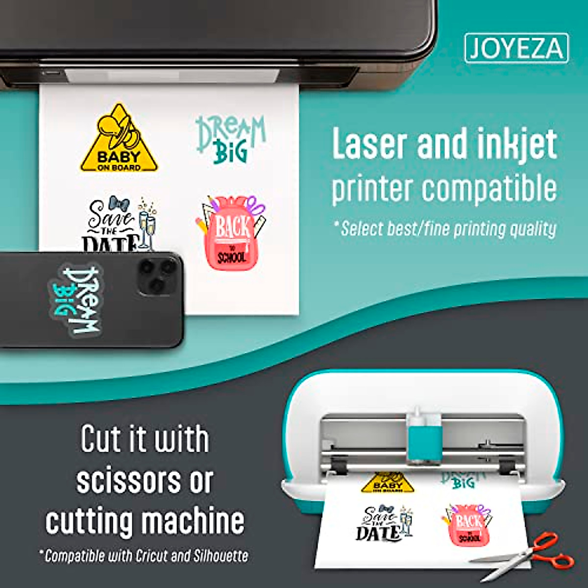JOYEZA Premium Printable Vinyl Clear Sticker Paper for Inkjet Printer - 25 Sheets Translucent Waterproof, Dries Quickly Vivid Colors, Holds Ink well - Inkjet & Laser Printer