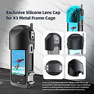 Aluminium Protective Frame and Silicone Lens Guards Cap for Insta360 X3,Metal Durable Housing Cage with Cold Shoe Mount,Bundle Include Metal Cage and Lens Protector