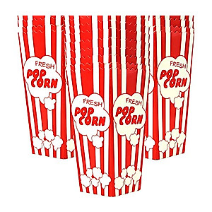 15 Movie Night Popcorn Paper Boxes Buckets 7.75 Inches Tall Large & Holds 46 Oz Old Fashion Vintage Retro Party Design Red & White Colored Nostalgic Carnival Stripes Bags & Tubs [various qty avail]