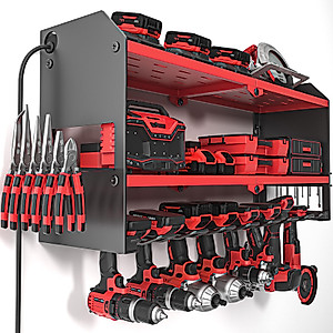 YYR Power Tool Organizer with Charging Station Wall Mount, Cordless Drill and Battery Holder for Garage Organization, Electric Tools Storage Rack Build in Surge Protection Power Strip - Red Shelf