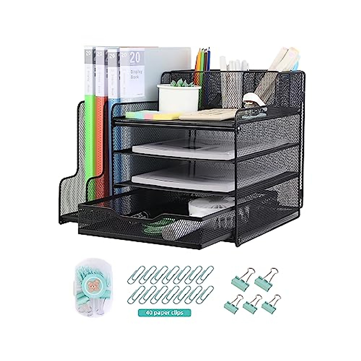 Tisediwer 4 Trays Paper Organizer Letter Tray, 4 Tier Paper Letter Office Desk Organizer with Upright File Holder, About 40 Paper Clips, 5 Binder Clips