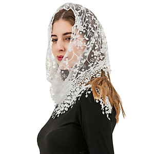 PAMOR Triangle Lace Veil Mantilla Cathedral Head Covering Chapel Veil for Mass Wedding Bridesmaids (White)