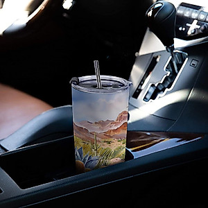 WNICELIN Western Desert Cactus Tumbler Insulated Travel Mug Stainless Steel Travel Tumbler Car Cup with Straw And Brush with Lid 20oz