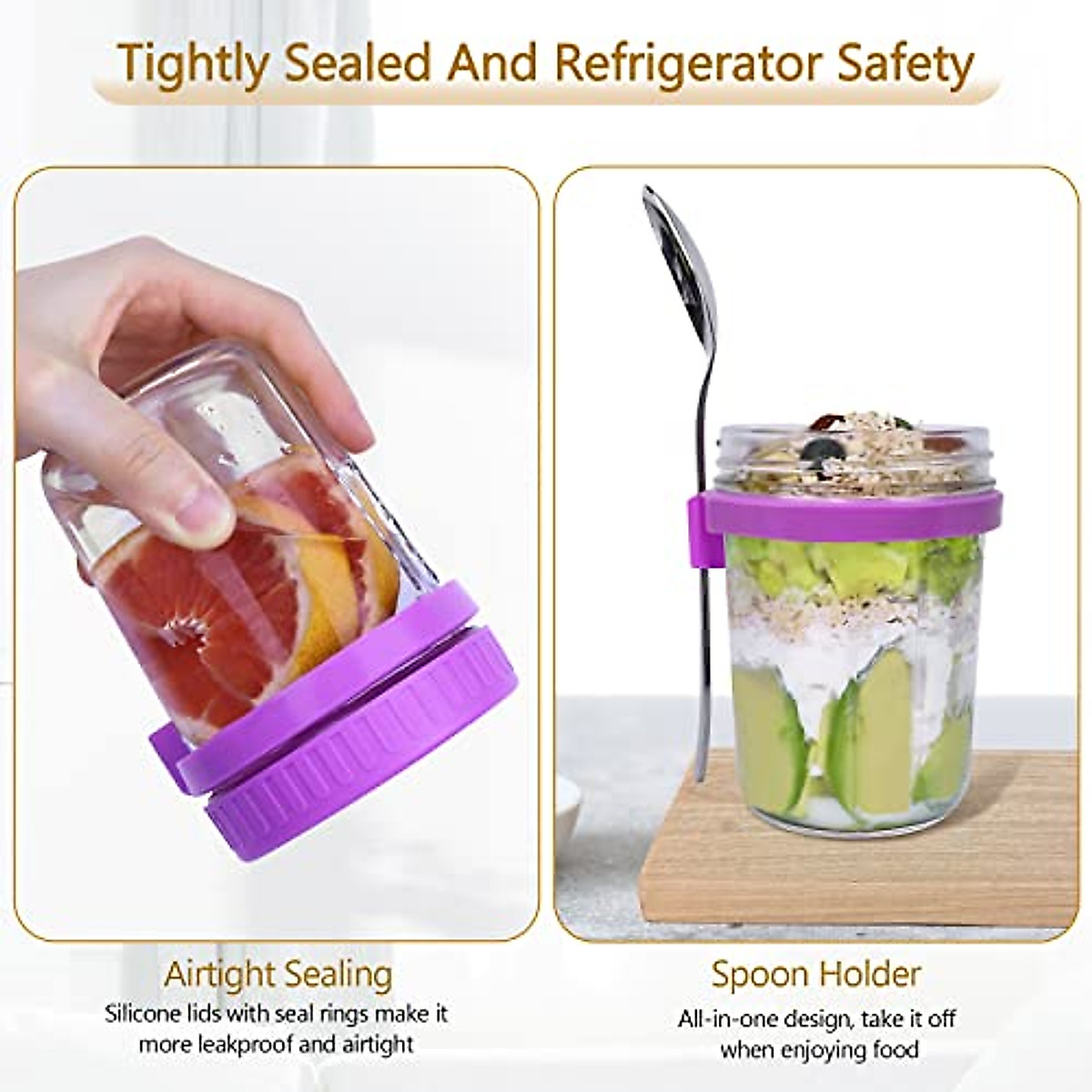 Creamhoo Overnight Oats Containers with Lids and Spoon, Thick Glass Overnight Oats Jars, 4 Pack Large Capacity Airtight Mason Jars for Cereal, Milk, Vegetable and fruit