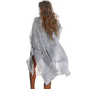 Breezy Lane Women's Kimono Beach Coverup Summer Cardigan Swimsuit Cover Up with Grey Floral Print