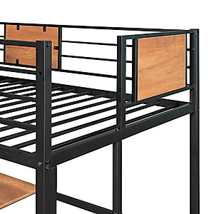 GINGVAT Twin Size Metal Loft Bed with L-Shaped Desk and Shelves,Metal Loft Bed Built-in Ladder and Guardrail,for Bedroom,Apartment,Dorm,Black