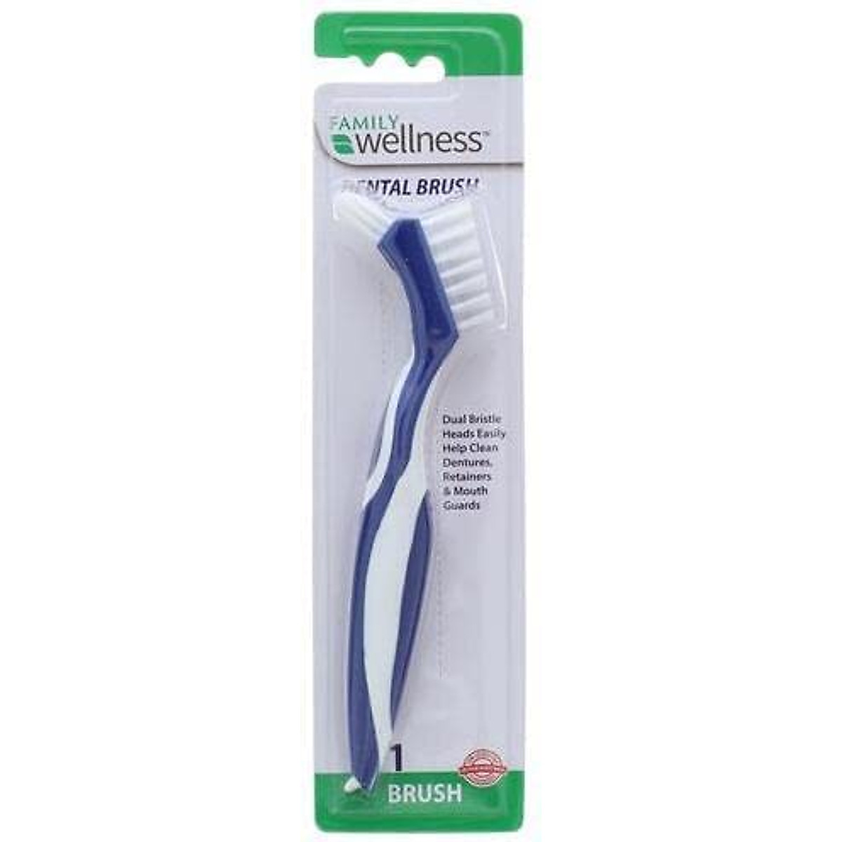 Family Wellness Denture Cleaning Brush, Dual Bristle Heads, with Deep Clean Pick, Assorted Colors