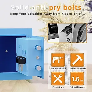 PATRON small safe box with key，mini safe for money，small coin safes for home with code，little jewelry lock box for kids，Wall or Cabinet Safe for personal items，0.236 Cubic Feet Blue