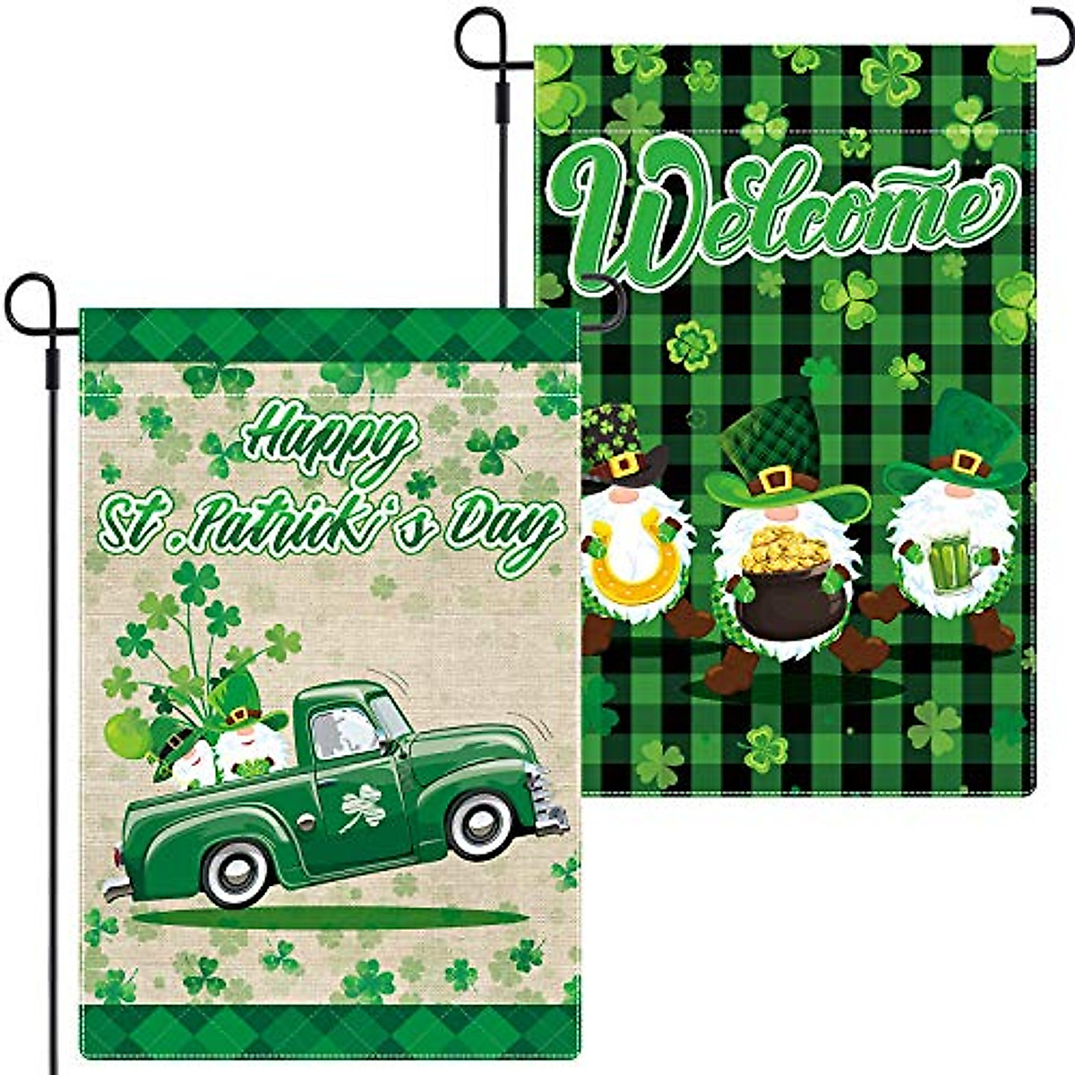 Boao 2 Pieces St Patrick's Day Garden Flag 18 x 12 Inch Saint Patty's Day Welcome Gnome Irish Green Shamrock Flag Double Sided Decorative Shamrock Truck Yard Flag for Garden Home Decoration