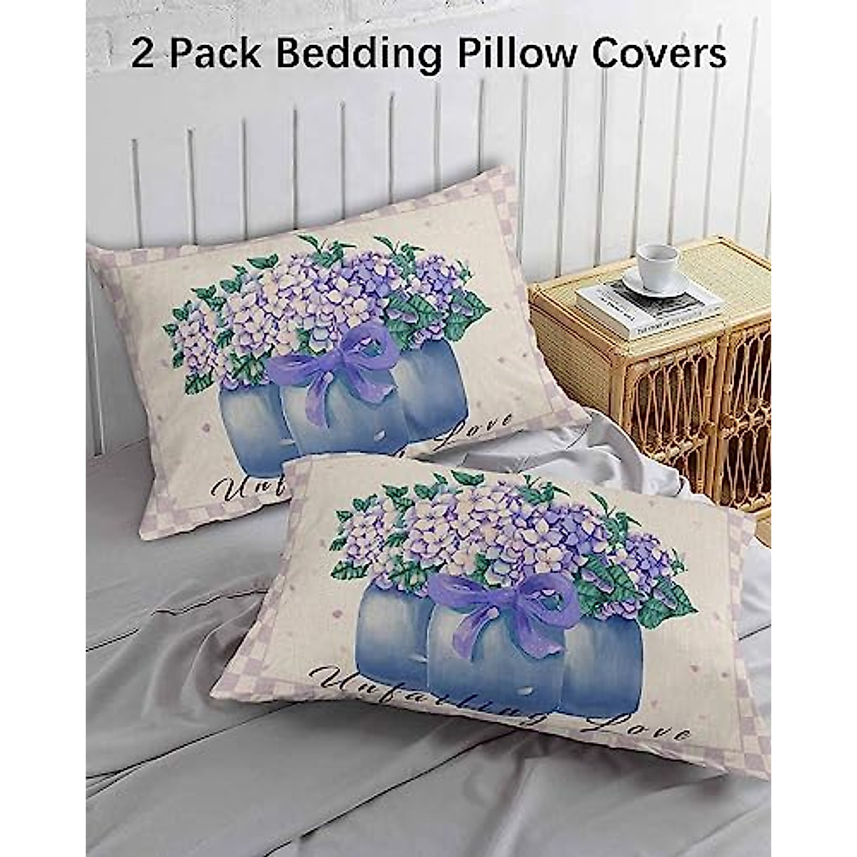 Edwiinsa Spring Floral Pillow Covers Standard Size Set of 2 Bed Pillow, Rustic Purple Plaid Summer Flowers Plush Soft Comfort for Hair/Skin Cooling Pillowcases with Envelop Closure 20''x26''