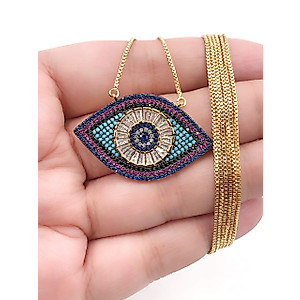 LESLIE BOULES Evil Eye Necklace for Women 18K Gold Plated Sliding Chain Protection Jewelry (FASHION)