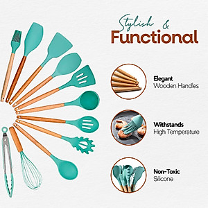 Silicone Cooking Set, 12 pcs Kitchen Utensils Set, Wooden Handle, Bucket Storage, High-Temperature Resistance, Scratch-Free, Cooking Spoons for Nonstick, Best Kitchen Tools, 1st Apartment Kitchen