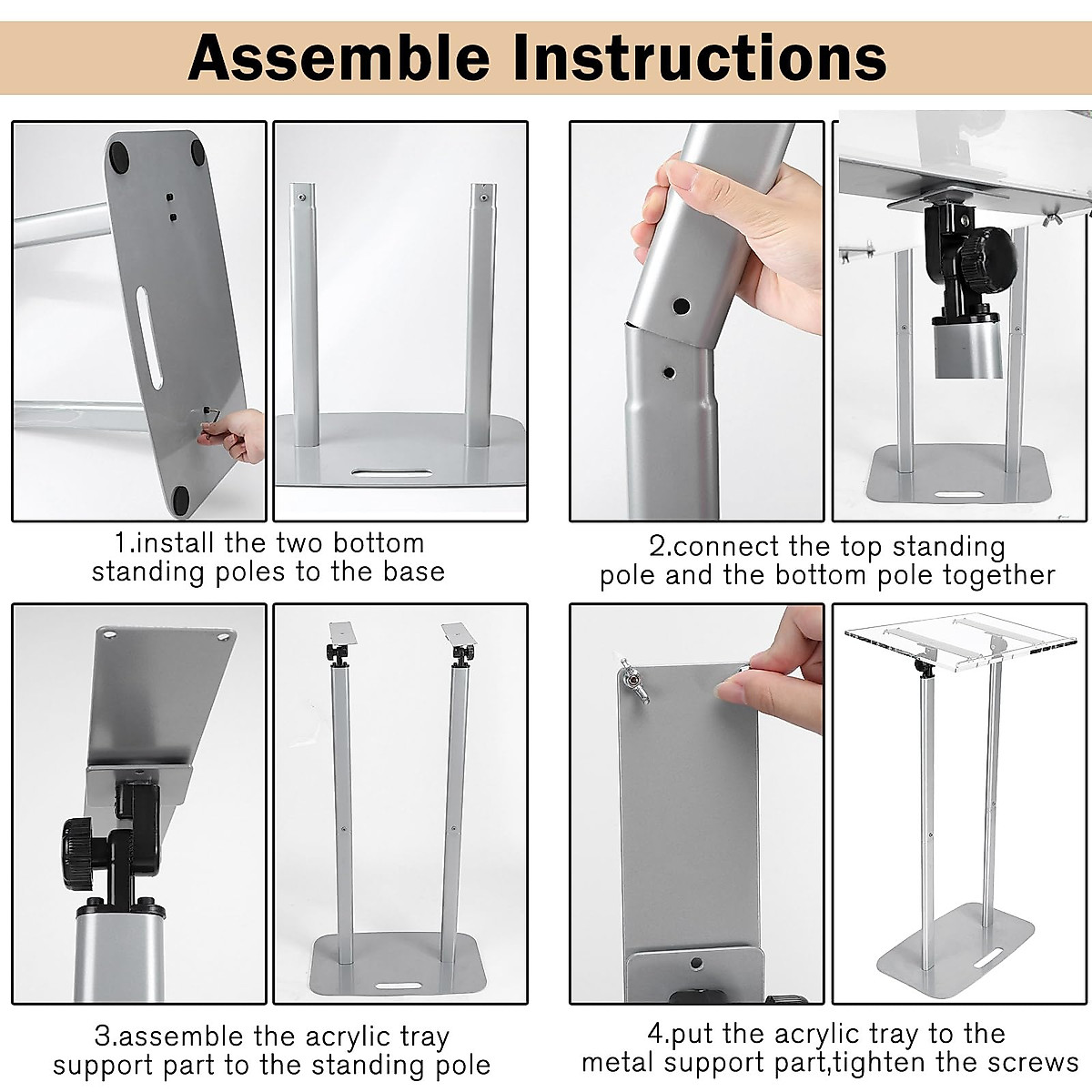 Kigley Acrylic Podium Stand Clear Podium Lectern 43.3'' Tall Floor Standing Speaking Podium with Adjustable Angle 30°-90° Slanted Top Silver Aluminum Body Base for Church Office School Speech Concert