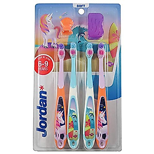 Jordan* Step 3 Kids Toothbrush, 6-9 Years, Soft Bristles, BPA Free - 4 Pack - Blue & Pink