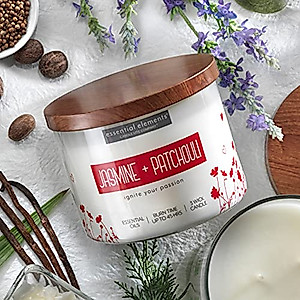 Essential Elements by Candle-lite Scented Candles, Jasmine & Patchouli Fragrance, One 14.75 oz. Three-Wick Aromatherapy Candle with 45 Hours of Burn Time, Off-White Color